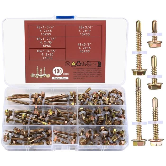 Vis Autotaraudeuses À Tête Hexagonale, 100 Pièces Vis Autoperceuses Avec Rondelle Pour Métal ...