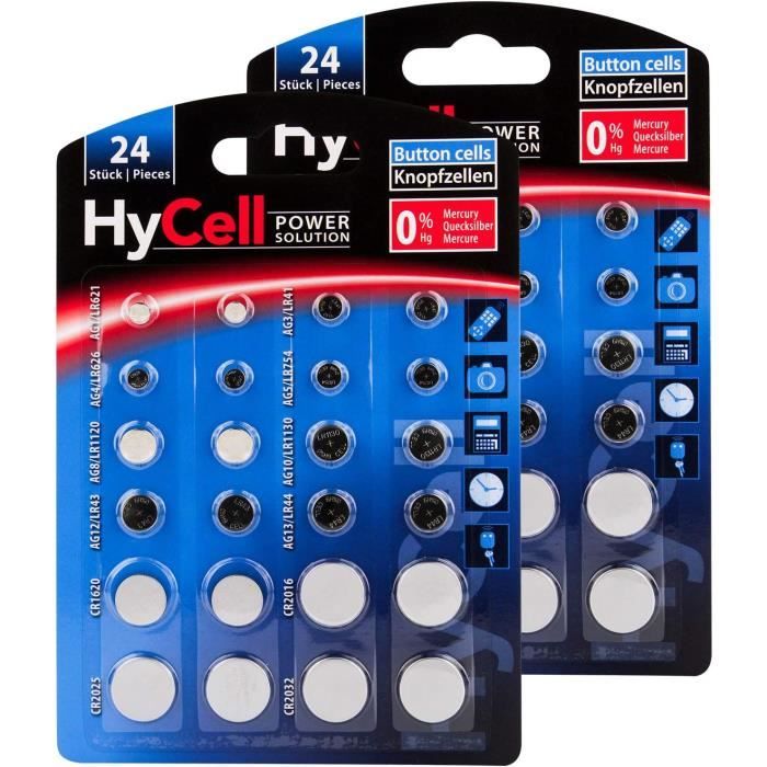 HyCell Lot de 48 Piles Boutons CR2032 CR2025 CR2016 CR1620 LR41 LR43 ...