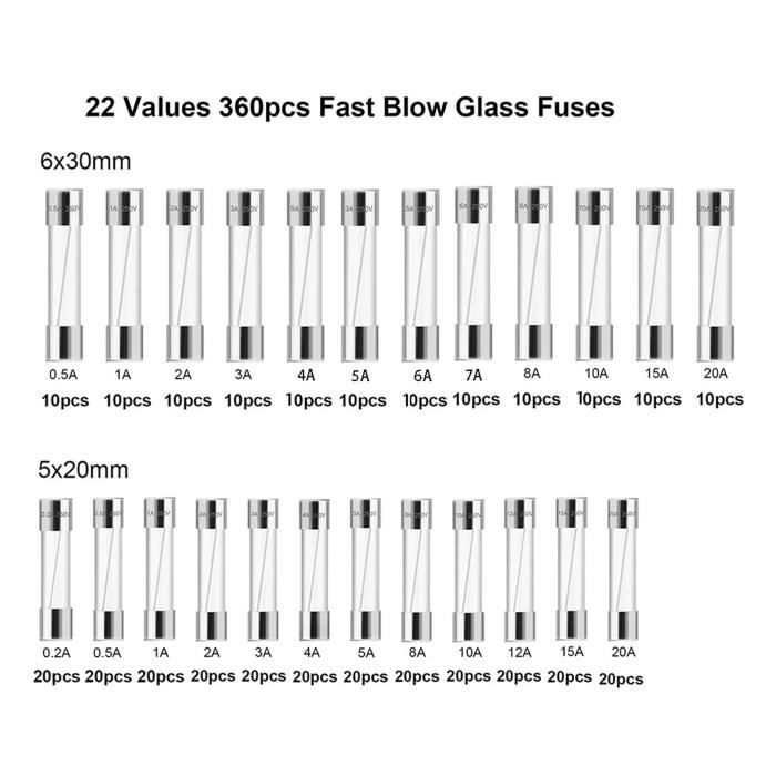 YOSOO fusible en verre Lot de 360 tubes fusibles en verre 0,25 A‑20 A 24 types 6 x 30 mm 5 x 20 ...