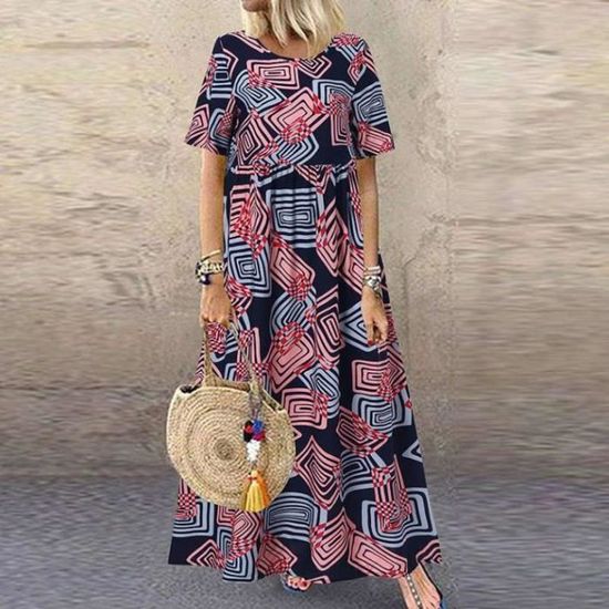 ROBE Femme - simple Robe vintage à manches courtes et col rond imprimé ...