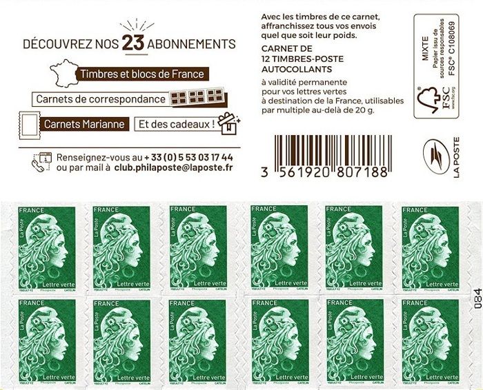 Carnet de 12 Timbres la poste Marianne lettre verte 20Gr PHILATELIE NUMISMATIQUE - Cdiscount ...