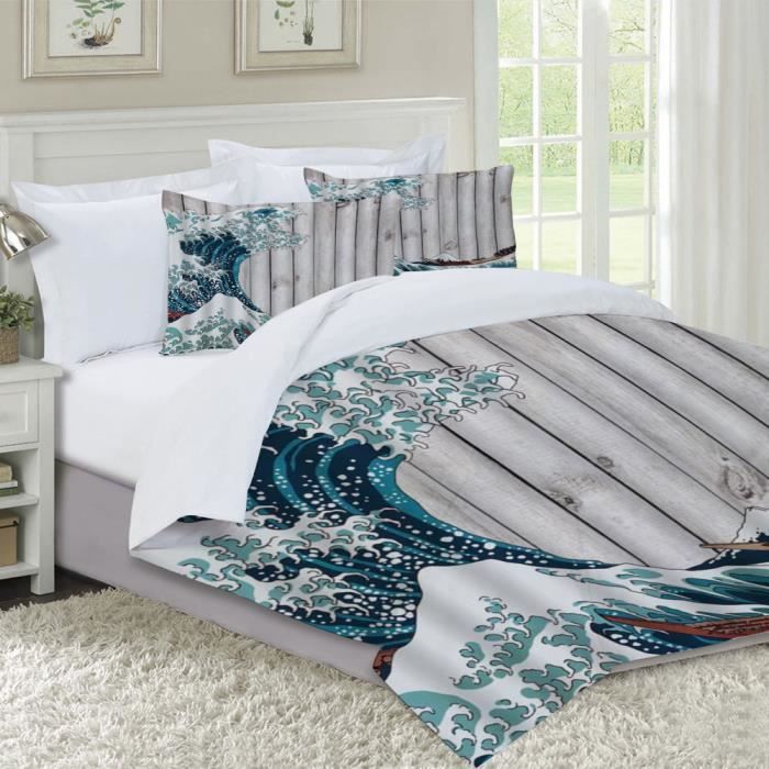 Parure de couette,Great Wave Ocean Boat Japan Mount Fuji on Rustic ...