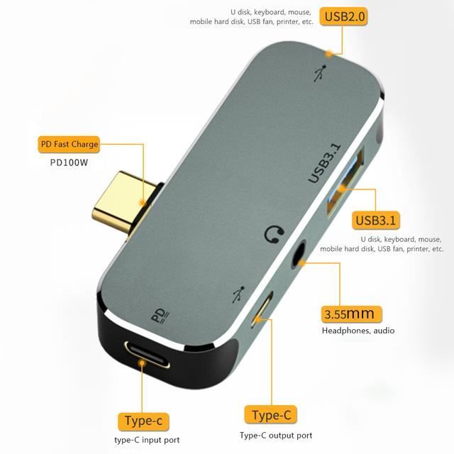 HUB,Type 3--Hub multifonction Portable 6 en 1, 2022mm, prise Jack ...