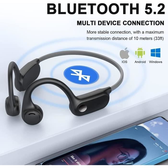 Casque Conduction Osseuse, Ecouteurs Conduction Osseuse Bluetooth 5.2 Sans Fil Avec Micro ...