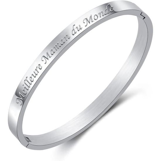 Bracelet Femme Jonc Fin En Acier Inoxydable - Meilleure Maman - Argent ...