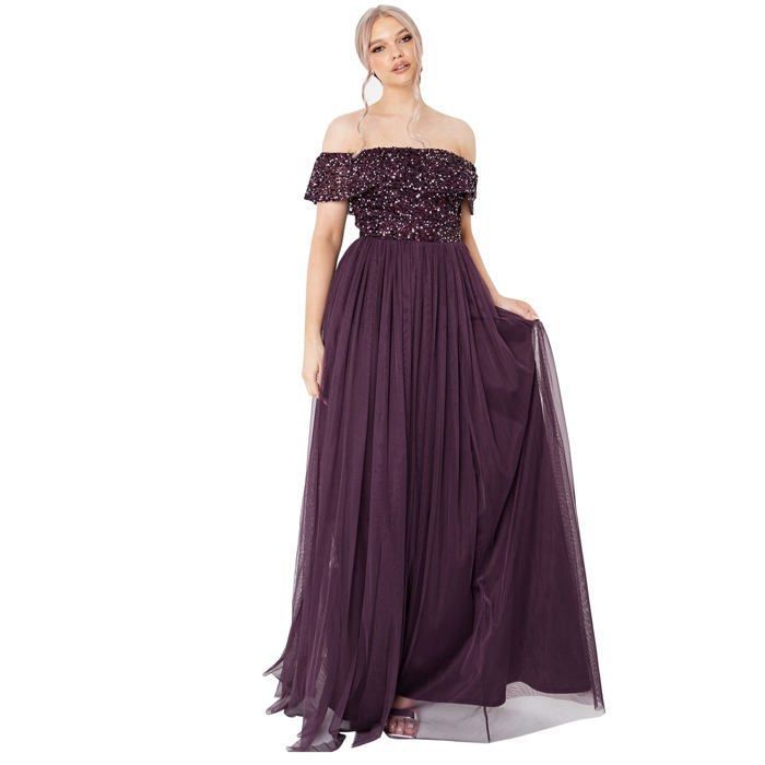 Robe Maya deluxe - AZBR67-MAXI-BERRY - Maya Berry Bardot Embellished ...