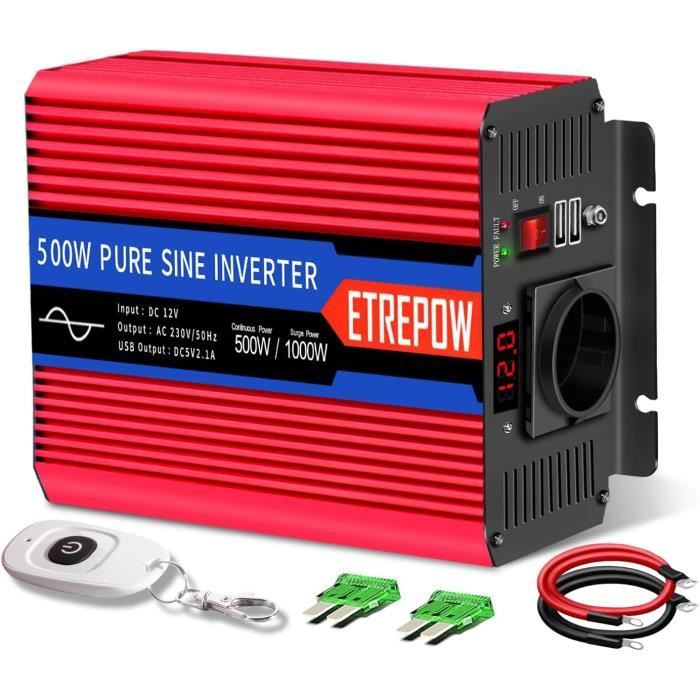 500W Convertisseur 12V 220V-230V Pur Sinus Onduleur Prises Eu Ac Et 1 Port Usb, Télécommande Et ...