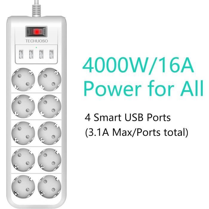 Multiprise Electrique (16A-4000W) Multiprise 10 Prises Avec 4 Ports Usb ...