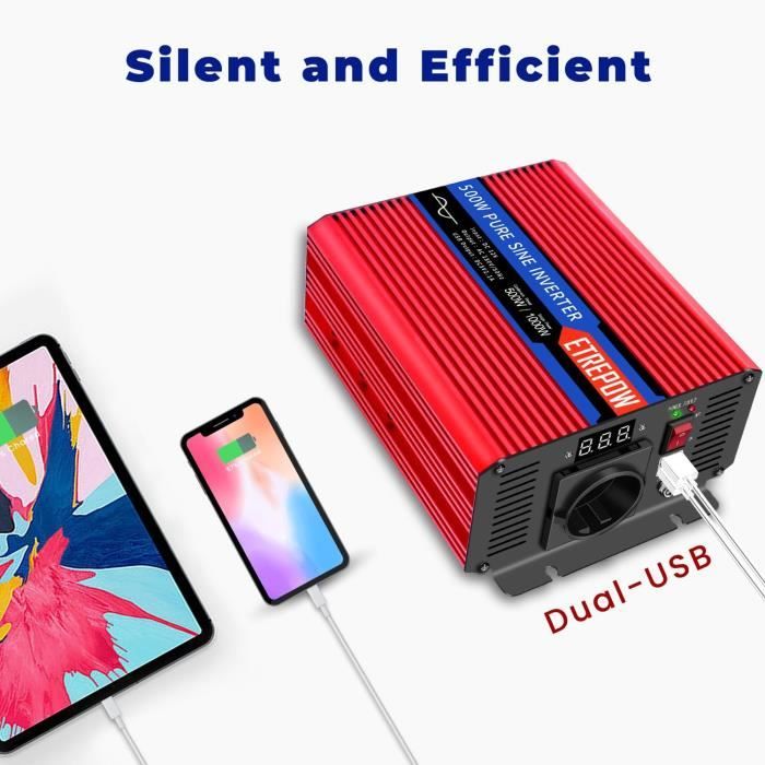 500W Convertisseur 12V 220V-230V Pur Sinus Onduleur Prises Eu Ac Et 1 Port Usb, Télécommande Et ...