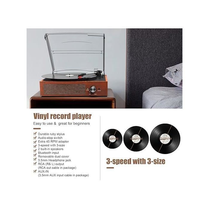 Platine vinyle portable Bluetooth 3 vitesses,haut-parleurs intégrés ...