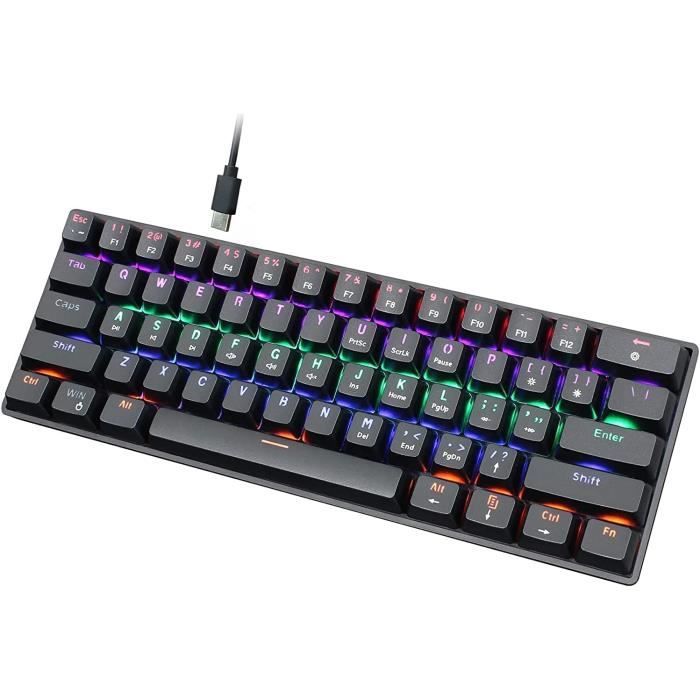 Clavier 60% Mécanique Noir Filaire QWERTY, Clavier Gaming Mini avec 61 ...