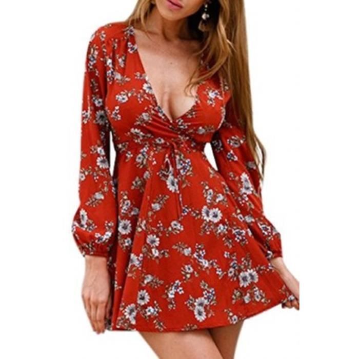 Femme Sexy Col En V Imprimé Floral Manches Sexy Col En V Profond Courte