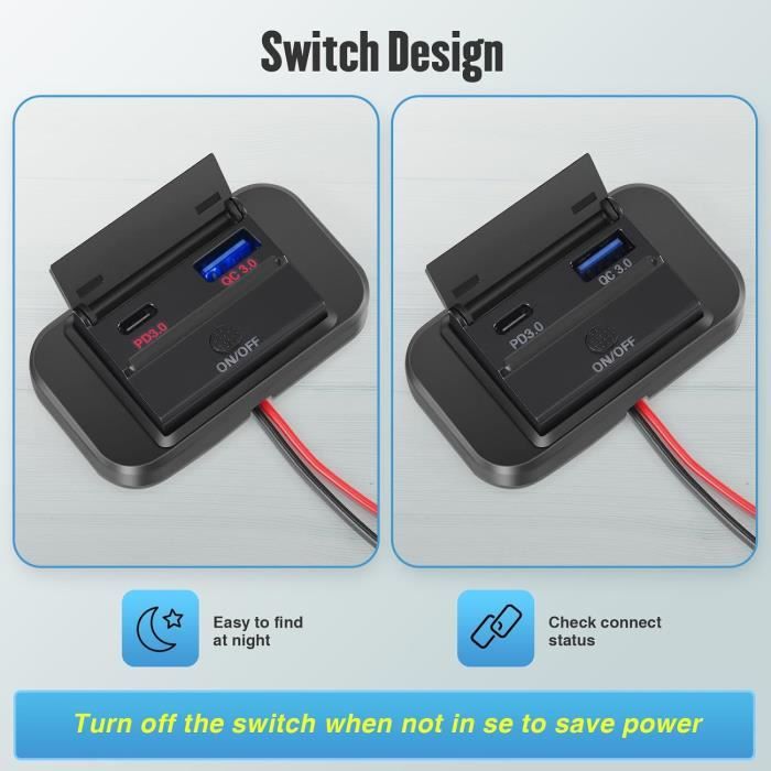 12V Prise de Chargeur USB de Voiture 55W PD Type C et 36W QC3.0 USB avec Interrupteur Étanche ...