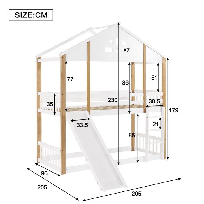 Lits Superposés Cabane 90x200 cm - FloraGrace avec Toboggan et Escalier ...