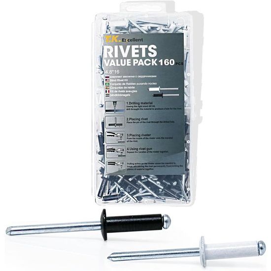 T.K.Excellent Rivet noir-Rivet blanc-Lot de 160 rivets pop en acier alm ...