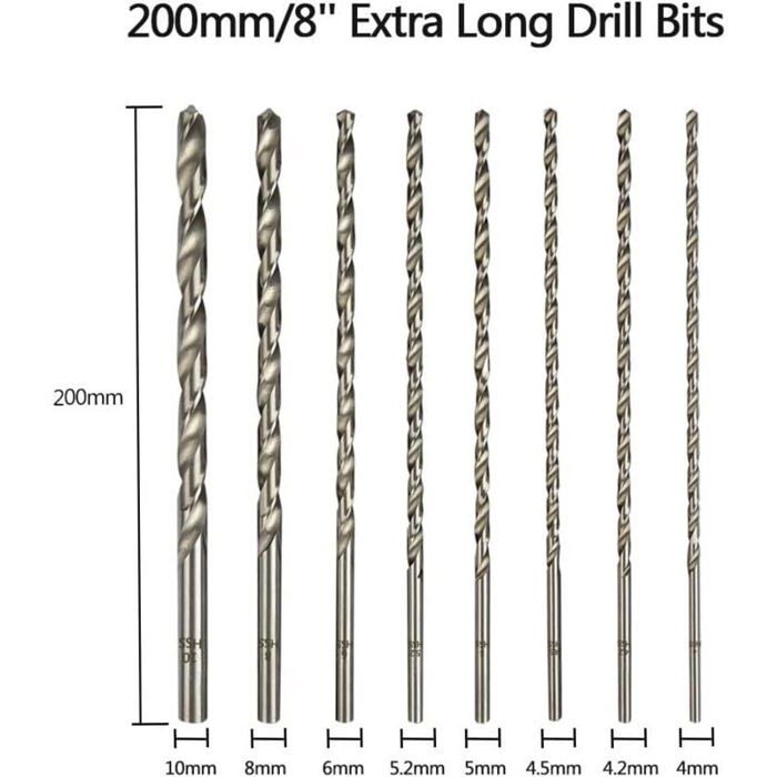DRE-Set 8 Forets Extra Longs HSC 200mm - Diamètres 4mm à 10mm, Parfait ...
