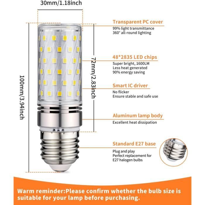 Ampoule Led E27 Blanc Froid 6000K 1600Lm, 16W Ampoules Led Intérieur E27 Équivalent 150W Lampe ...