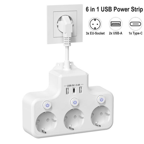 HITRENDS Prise multiple, multiprise 6 en 1, prise électrique 3 voies, 2 ...