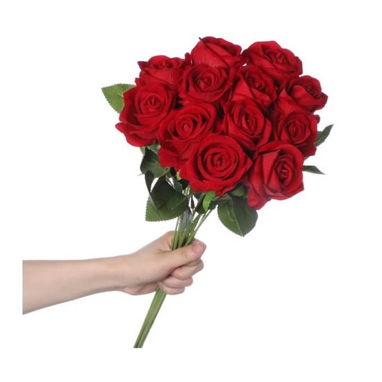 Lot de 12 Roses Fleurs Artificielles Rouge de Soie avec Tige Longue ...