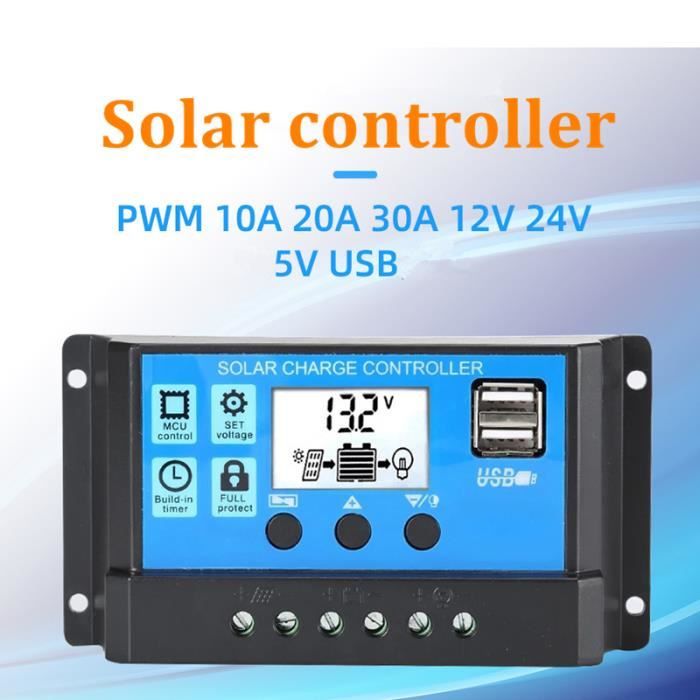 30A-Contrôleur solaire 20a 30a PWM, 12V-24V , panneau USB 5V, régulateur de batterie, écran LCD ...
