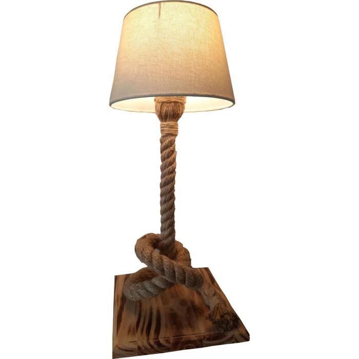 Solenzo - Lampe de chevet bois et corde - abat jour crème - avec ...