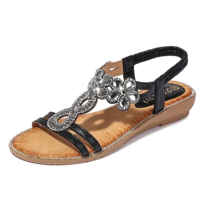 Sandales Compensées De Mode De Fleur De Strass D'Été Noir - Cdiscount ...