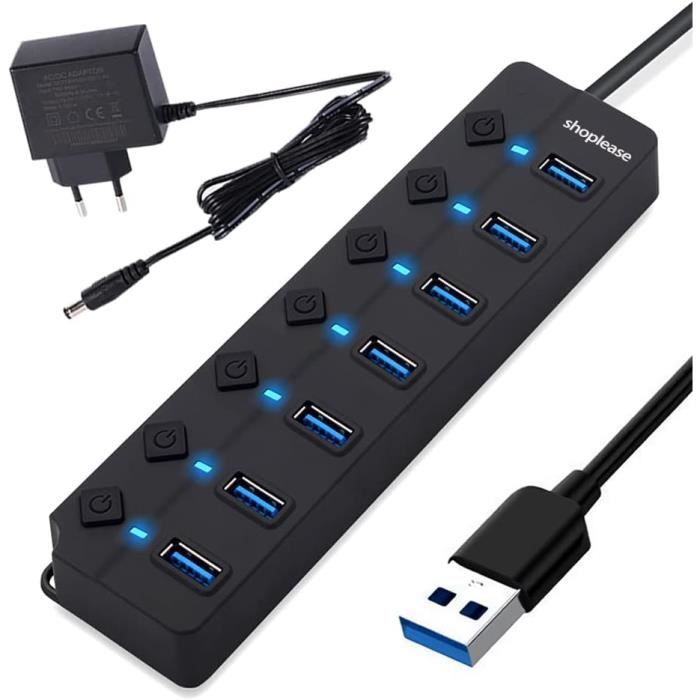 Séparateur USB 3.0 avec Adaptateur 5V-2A, Extension USB à 7 Ports avec Interrupteur Marche-arrêt ...