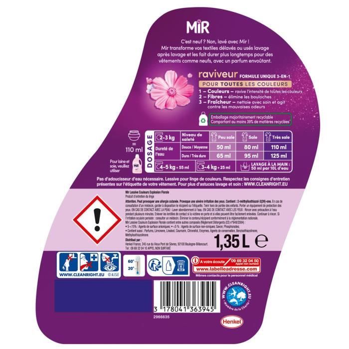 MIR LESSIVE Lot de 3 Lessives liquide Couleurs Explosion Florale 27 ...