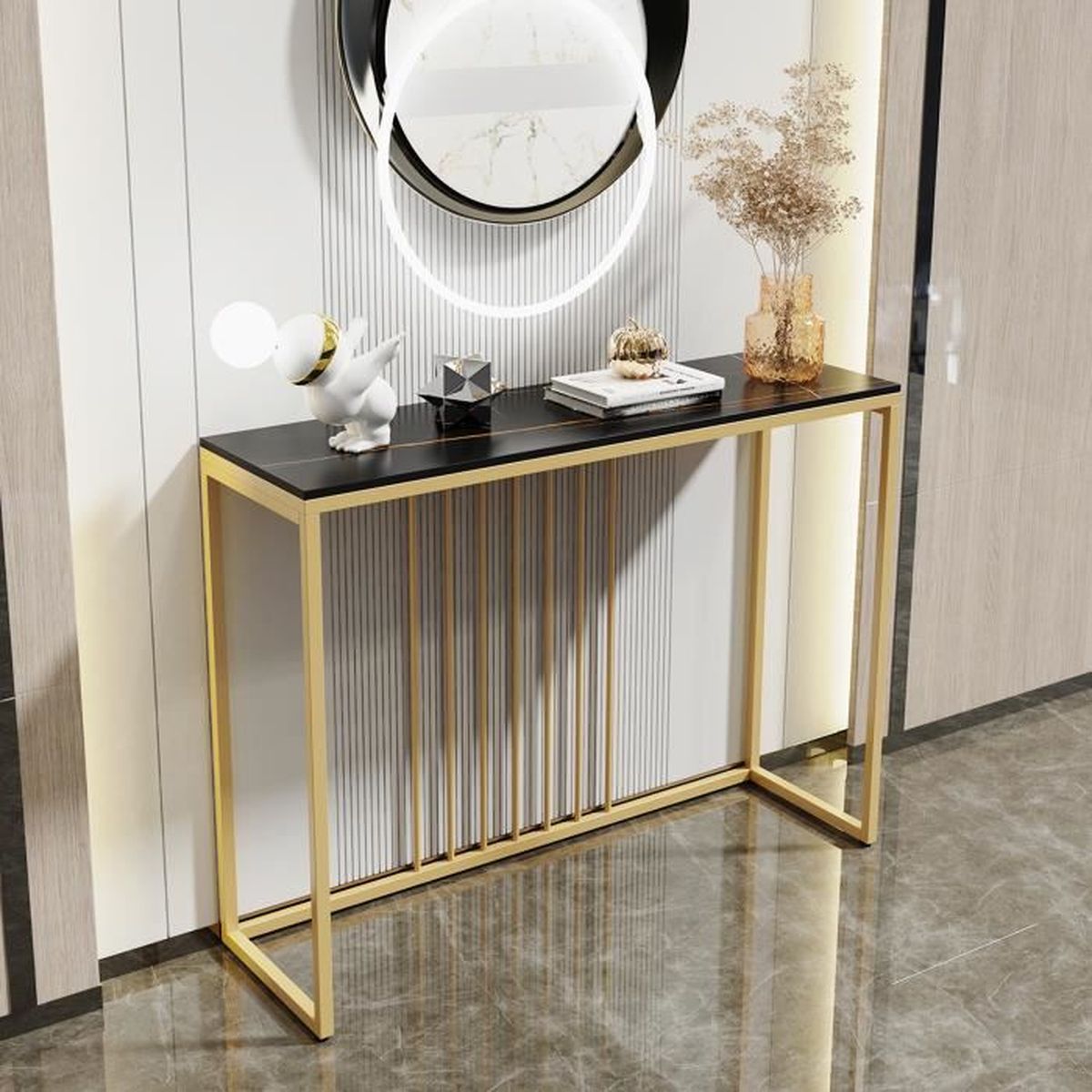Table Console Entree en Marbre Noir Doré pour Salon, Entrée, Couloir - Cdiscount Maison