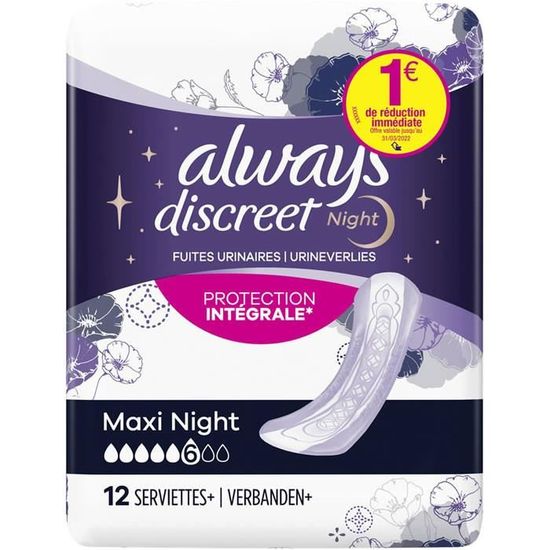 ALWAYS : Discreet Night - Serviettes incontinence 6 maxi nuit 12 ...