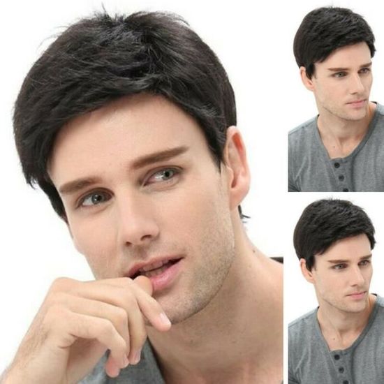 Perruque courte pour homme noir complète classique naturel faux cheveux ...