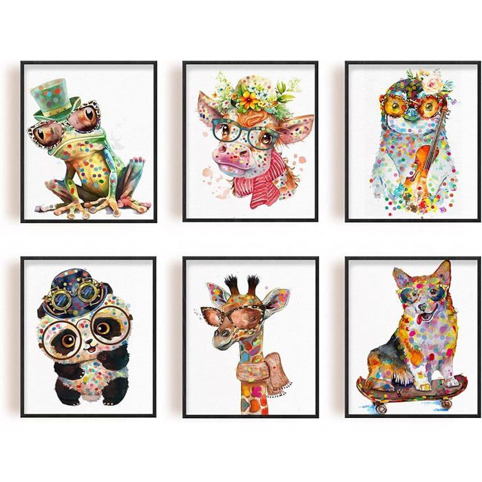 Dessin Anim Animal Mur Art Toile Color Drle Animaux Peinture Murale ...