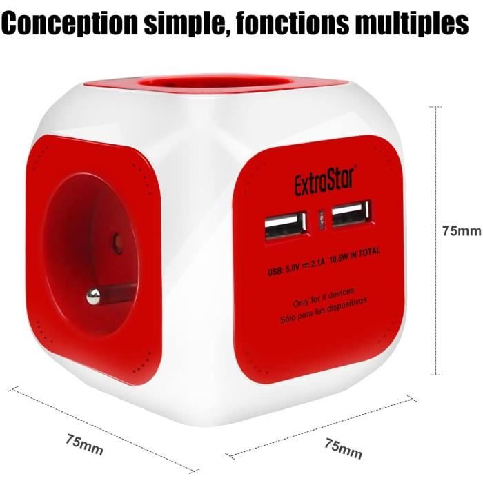 Multiprise USB Cube , Bloc Multiprises avec 4 Prises et 2 Ports USB, 1 ...