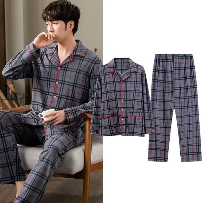 Pyjama Homme 2 Pièces Ensemble Vetements Nuit en Coton Manches Longues ...