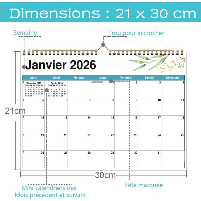 Calendrier Mural 2025-2026 A4 | Sept. 2025 à Déc. 2026 | Planificateur ...