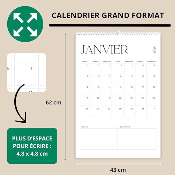 Calendrier 2026 mural grand format (43x62 cm) Nov 2025 à Déc 2026 ...