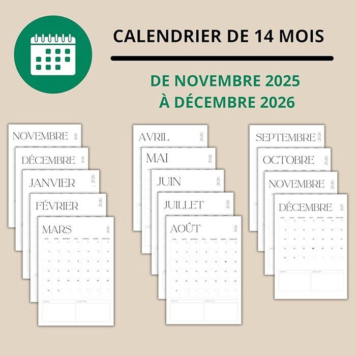 Calendrier 2026 mural grand format (43x62 cm) Nov 2025 à Déc 2026 ...