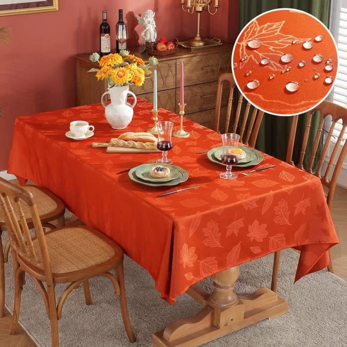 Nappe en jacquard feuilles d'érable pour tables rectangulaires, anti ...