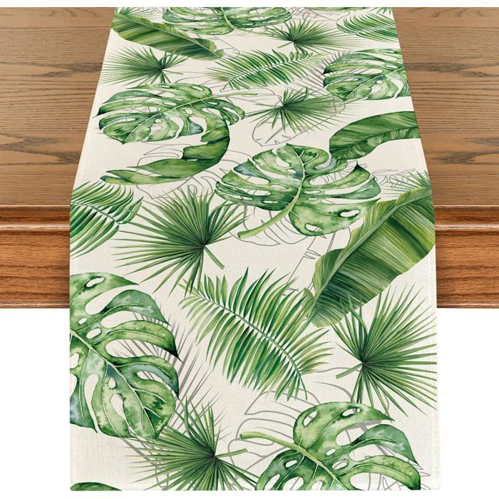 Tropical Monster Leaf Table Runner Linen Green Leaves Summer Runner ...