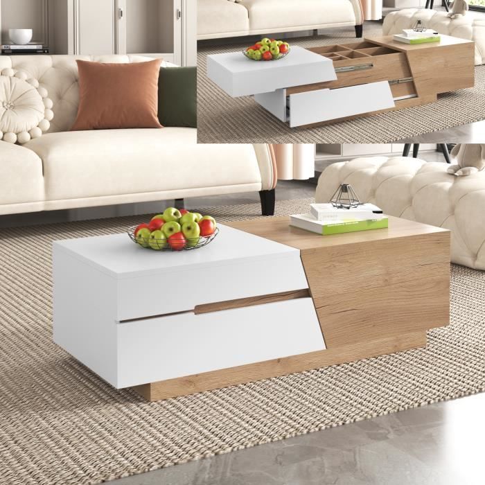 Table basse extensible - LEYTN - 120x50x37cm - Bois - 2 tiroirs - 6 ...