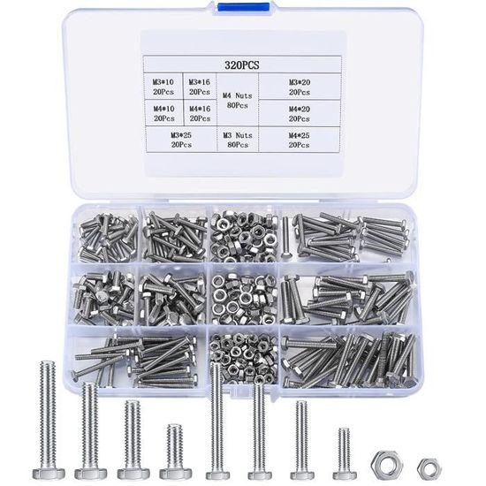 M3 M4 Vis à Tête Hexagonale, 320 Jeu de Boulons et écrous en Acier Inoxydable, Boulon à Tête ...