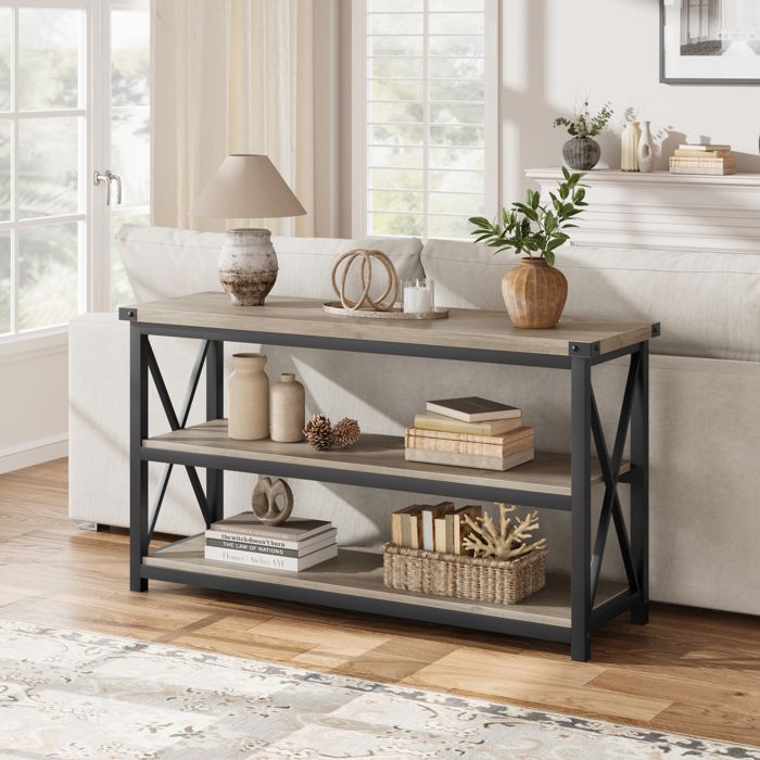 Table Console - Industrielle - 120x34x76 CM - 3 Niveaux - Bois Massif ...