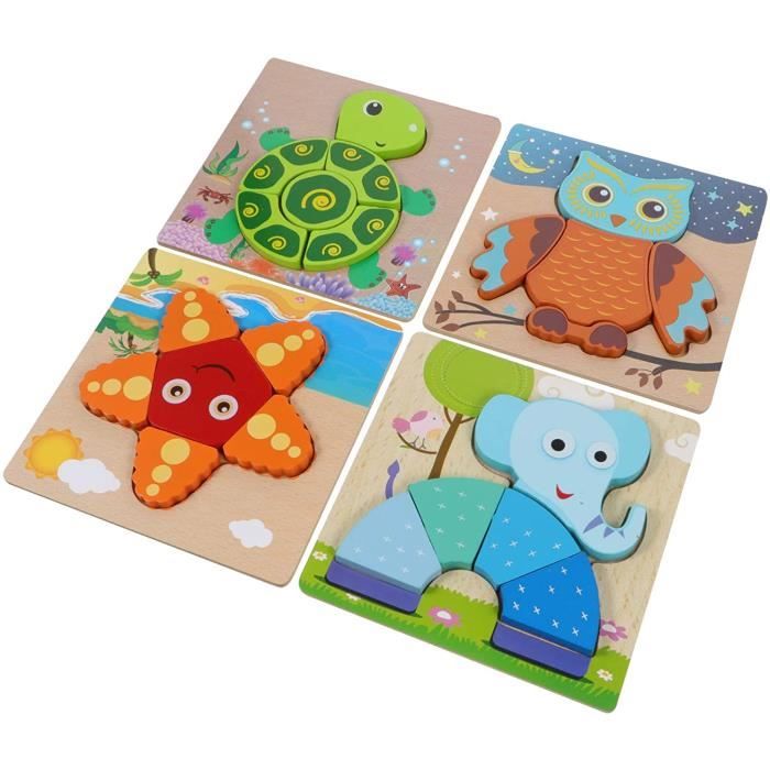 PUZZLE 4Pcs s en Bois 3D Bois Dessin Animé Animal Hibou Tortue Éléphant ...