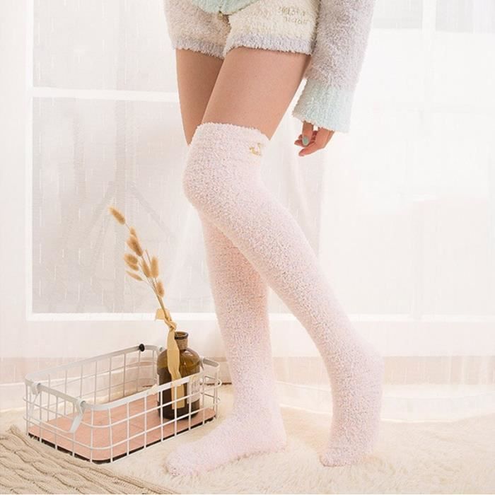 Bas,Chaussettes molletonnées en molleton de corail, longues cuisses ...
