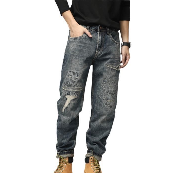Vintage Jeans Délavé Homme Troué Baggy Jeans Droit Pant Décontracté ...