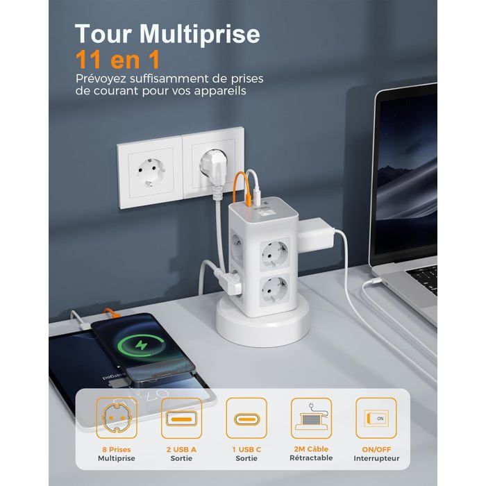 Tour Multiprise Avec Câble Télescopique 8 Sortie Ac Et 3 Ports Usb ...