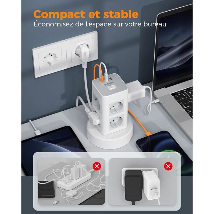 Tour Multiprise Avec Câble Télescopique 8 Sortie Ac Et 3 Ports Usb ...