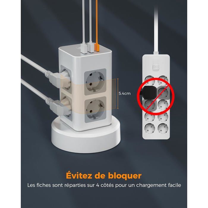 Tour Multiprise Avec Câble Télescopique 8 Sortie Ac Et 3 Ports Usb ...