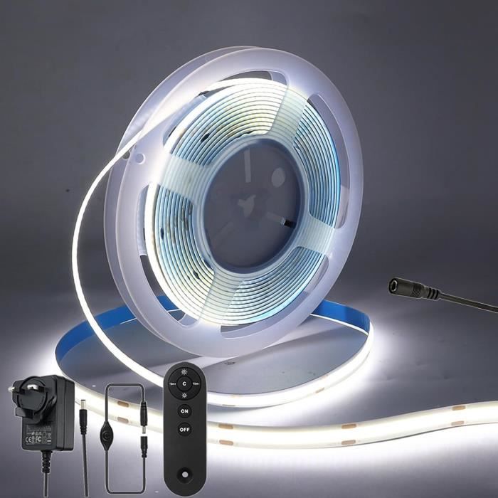 Télécommande Bande Lumineuse Cob Led 5M 12V,Blanc Froid 6000K Dimmable,Autocollant Ruban Led ...