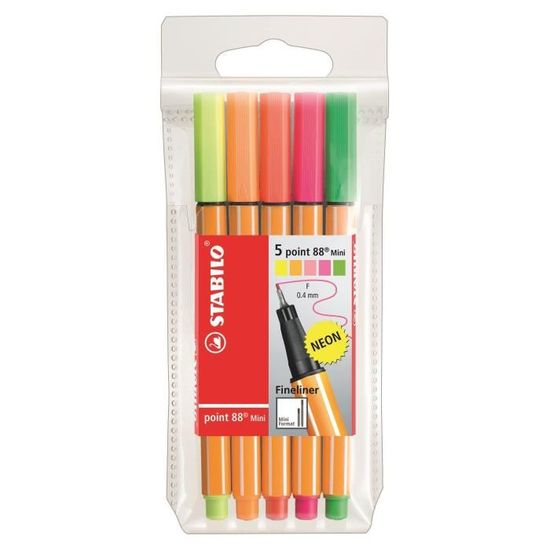 STABILO Pochette de 5 Mini Feutres Point 88 Mini Fluo - Couleurs ...